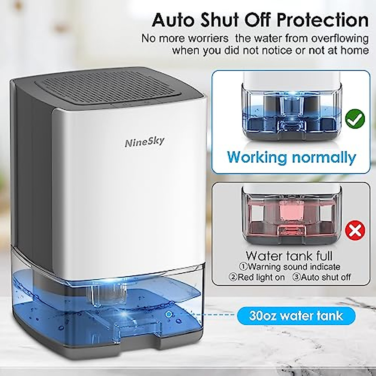 NineSky Dehumidifier for Home, 30oz Water Tank,(300 sq.ft) Dehumidifiers for Bedroom, Bathroom, Basement with 7 Colorful Lights, Auto Shut Off(C1 White/Gray)