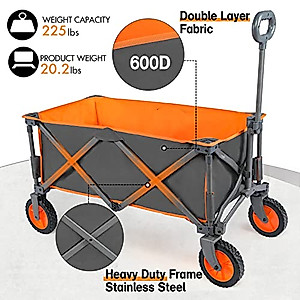 Portal Collapsible Folding Wagon, Push Pull Foldable Beach Wagon Cart with All-Terrain Wheels, Heavy Duty Utility Grocery Wagon for Outdoor Camping Garden Sport Shopping, Holds 225 lbs, Grey/Orange