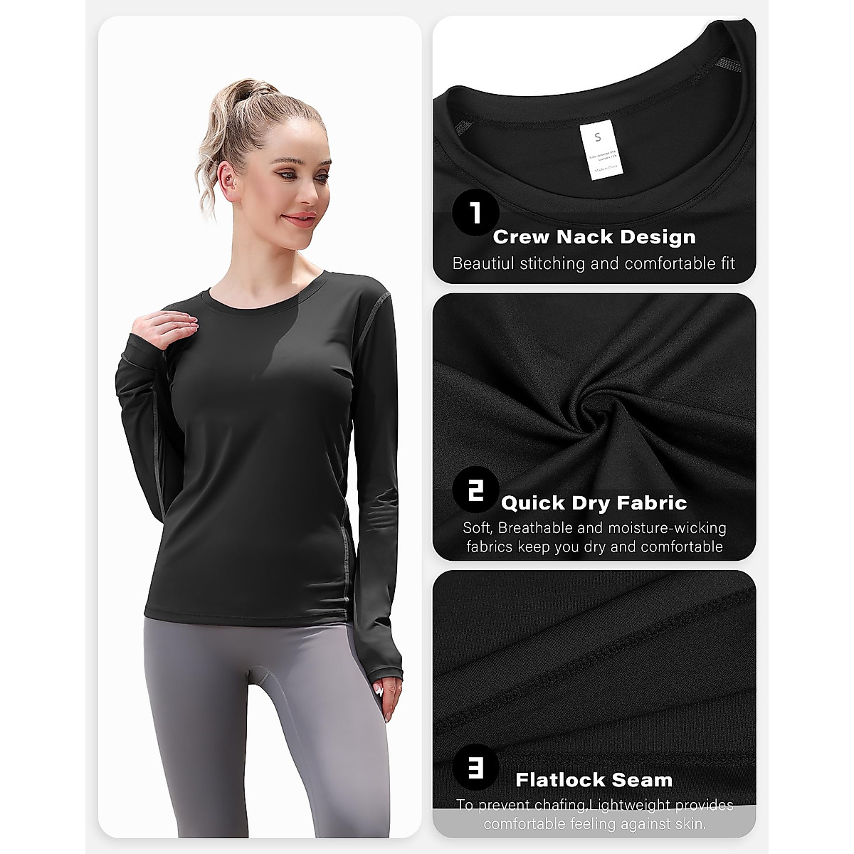 WANAYOU Women's Compression Shirt Dry Fit Long Sleeve Running Athletic T-Shirt Workout Tops (2 Pack(Black+White), X-Large)