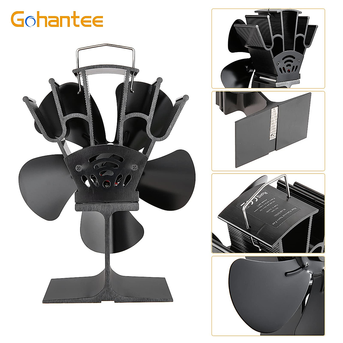 5 Blades Fireplace Fan Heat Powered Wood Stove Fan Circulates Warm Heated Air for Gas Pellet Wood Log Burner Stove Fan Efficient Heat Distribution Eco-Friendly with Thermometer