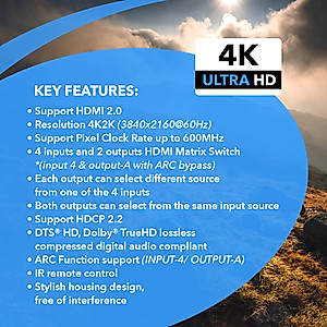 OREI 4K HDMI Matrix Switch 4 X 2, Switcher 18G UltraHD with Arc Supports upto 4K @ 60Hz & 1080P IR Remote Control - Full Matrix Selection (UHD-402)