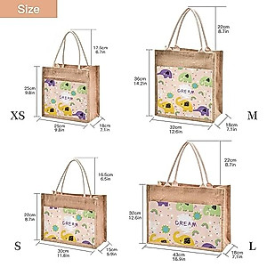 Jute Burlap Tote Bag Elephant Dream Rainbow Sun Stars Cute Animal Pink Purple Large Capacity Reusable Grocery Shopping Storage Bag