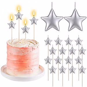 Threlaco 16 Pack Silver Birthday Candles for Cake Star Shaped Sparkler Candles Metallic Color Stereo Cake Candle Toppers Happy Birthday Candles Decorations for Birthday Party Supplies
