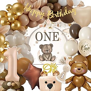 Teddy Bear 1st Birthday Decorations for Boys, SCMDOTI First Birthday Decoration Boy Girl,Brown Beige Gold Balloon Garland with Teddy Bear Backdrop,FoilBalloon,Birthday Banner for Baby boy 1st Birthday