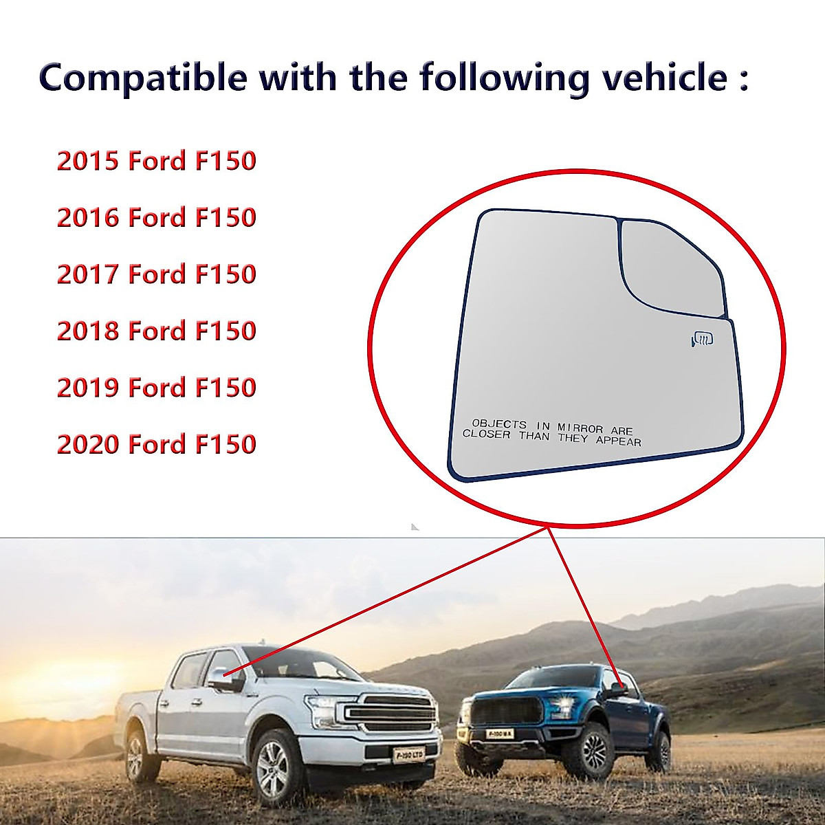 Passenger Side Heated Mirror Glass Replacement For 2015 2016 2017 2018 2019 2020 Ford F150 - for Ford F150 Power Side Mirror with Rear Holder