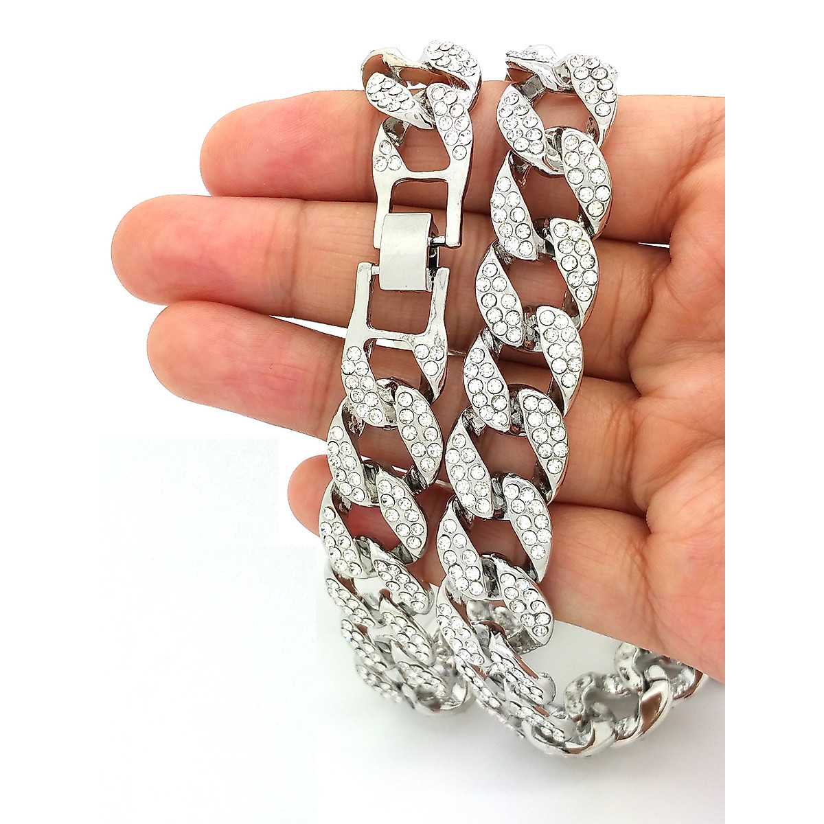 Shiny Jewelers USA Mens Iced Out Hip Hop Silver tone CZ Miami Cuban Link Chain Choker Necklace (16")