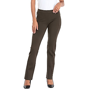 HDE Yoga Dress Pants for Women Straight Leg Pull On Pants with 8 Pockets Brown - M