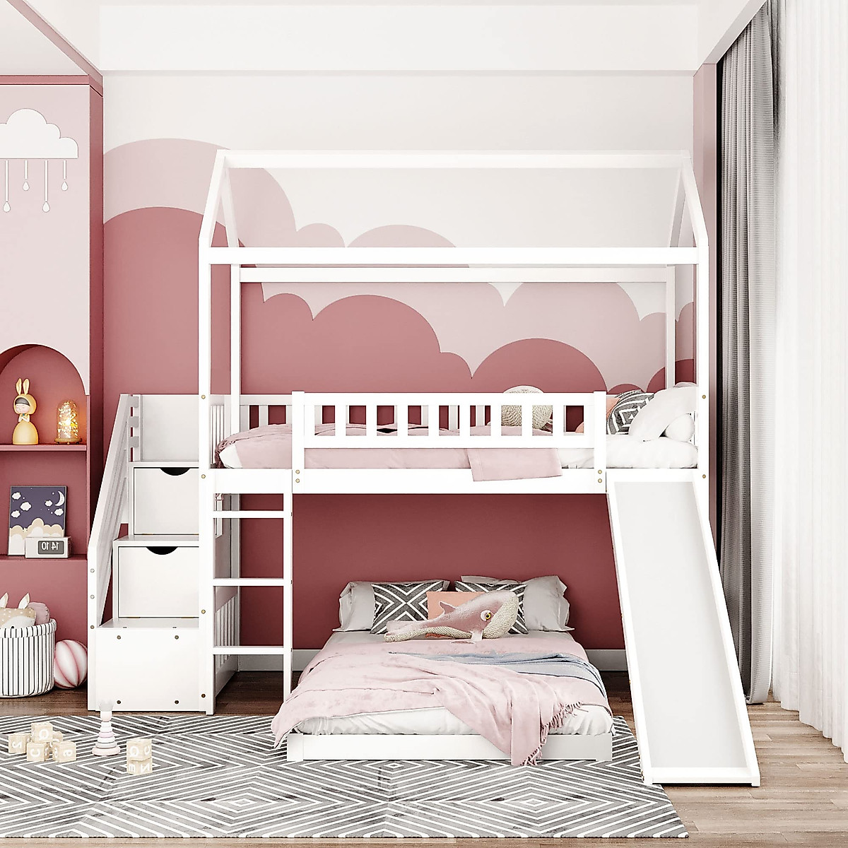 Twin Over Twin Bunk Bed with Slide, House Bunk Bed with Storage Stairs, Wooden Floor Bunk Bed with Roof and Security Guardrails, L Shaped House Bunk Bed for Kids Teens Boys Girls,White