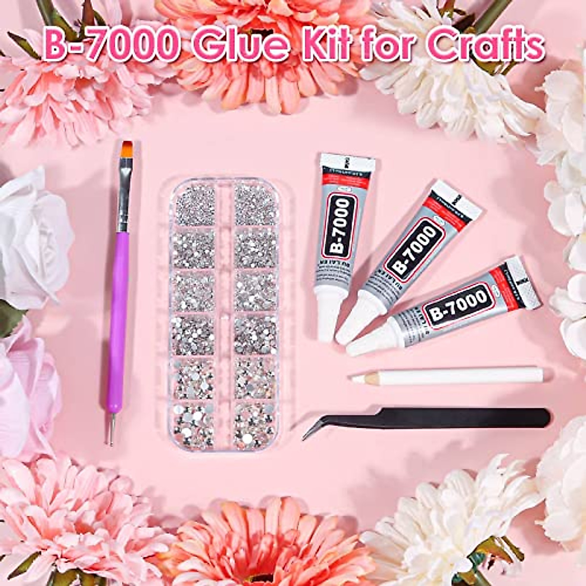 Audab B7000 Jewelry Adhesive Glue with Rhinestones for Crafts, 2100Pcs Flat Back Gems Crystal Rhinestones with Tweezer Dotting Tools Clear Glue for DIY Clothes Fabric Shoes Jewelry Making Nail Art