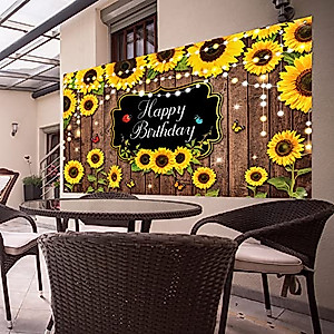 Sunflower Happy Birthday Party Decorations Rustic Wood Photography Butterfly Sunflower Backdrop Banner Background for Indoor Outdoor Birthday Party Baby Shower Decor Supplies