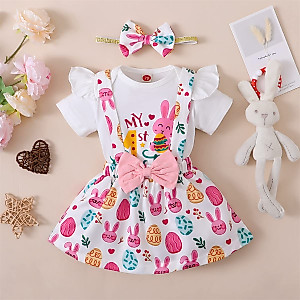 Vedext Baby Girl Easter Outfits Short Sleeve Rabbit Romper Bodysuit+ Bunny Suspender Skirt +Bunny Headband Newborn Girl Easter Clothes (Rabbit White, 0-3 Months)