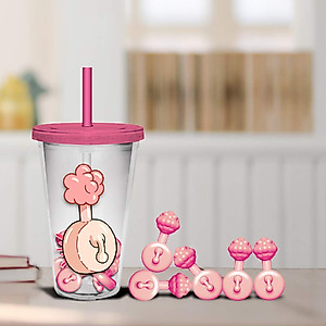 Official Rick and Morty Plumbus Travel Tumbler with Reusable Straw and Lid 16 oz With 5 Plumbus Plastic Ice Cubes, Tiki Style, Double Wall, Soda Beer Juice Drinking cup, BPA Free By JustFunky