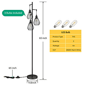 EDISHINE Industrial Floor Lamp, Tree Floor Lamp with 3 Elegant Teardrop Cage Head & 4W 3000K Edison Bulbs, Sturdy Base Standing Floor Lamp for Bedroom, Living Room, Office, E26 Base
