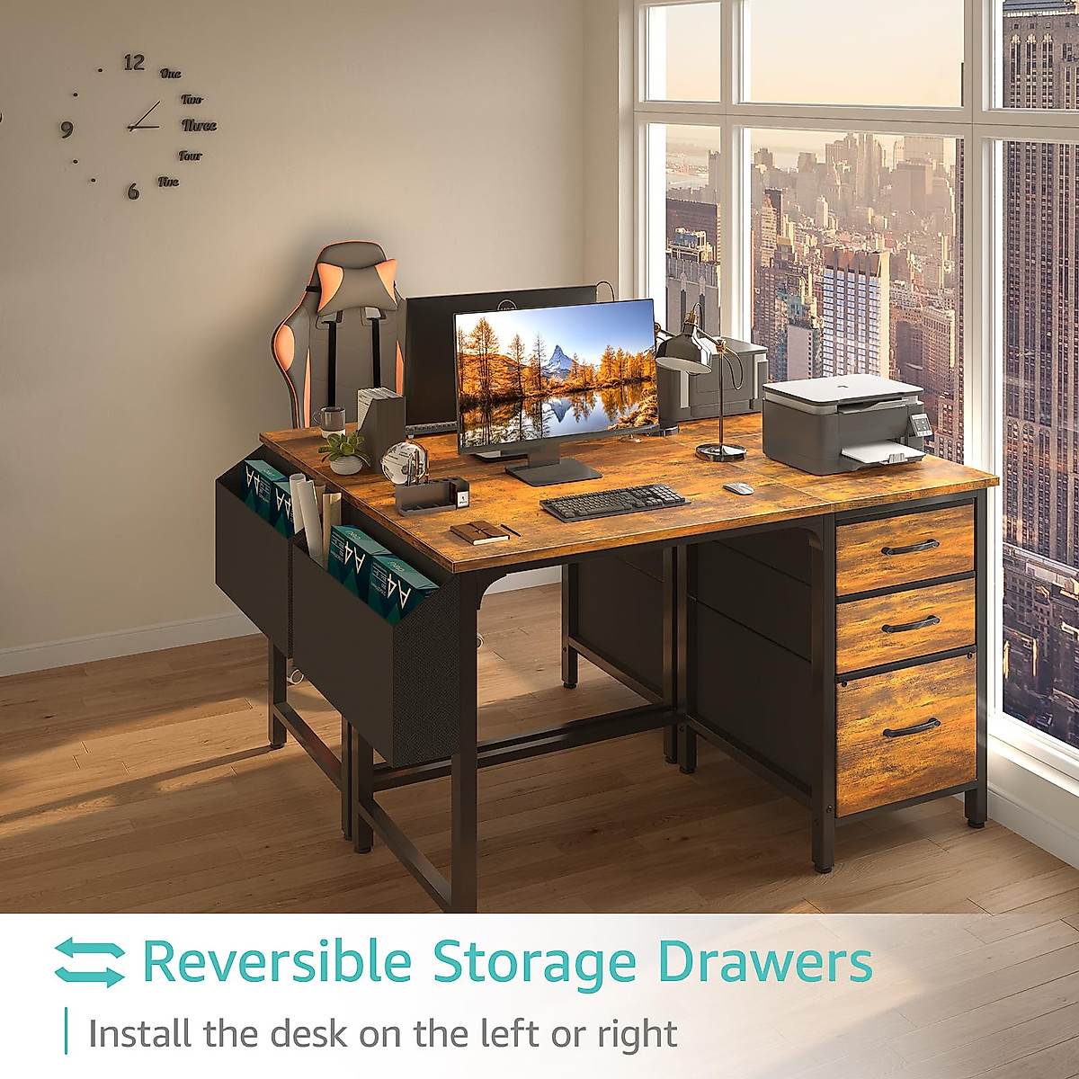 Lufeiya Computer Desk with Fabric File Drawers Cabinet, 47 Inch Home Office Desks with Filing Cabinet for Small Space, Study Writing Table PC Desks, Rustic Brown