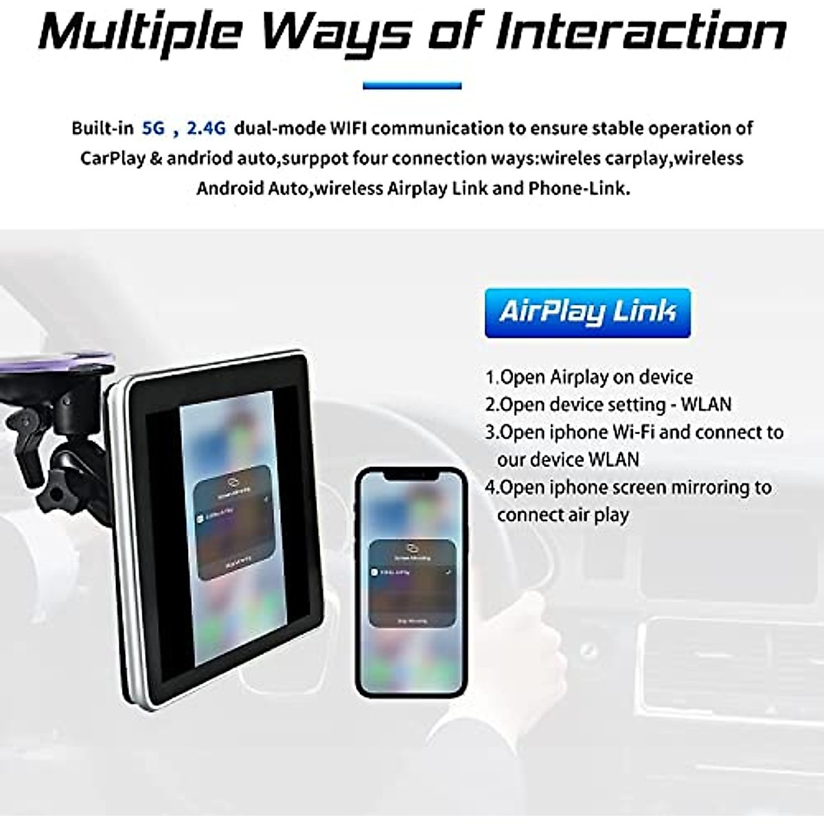 Wireless Portable Car Stereo with Rear Camera Dash or Windshield Mounted 7.5” IPS Touchscreen Car Receiver Compatible with Apple Carplay/Android Auto，Bluetooth，Mirror Link，Google，Siri Assistant