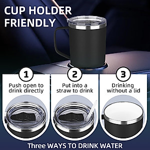 20 oz Insulated Coffee Mug with Ceramic Coating, Stainless Steel Travel Mug Tumbler with Handle Lid and Straw, Double Wall Leak-Proof Thermos Coffee Travel Mug Keeps Drink Hot and Cold (Black)