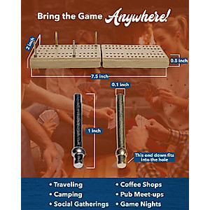 WE Games Cribbage Board Game Set, Travel Crib Board with Storage Slot and Drawstring Bag for Card Storage, Foldable 2 Track Cribbage Board with Cards, Metal Pegs and Dice, Mini Board Games