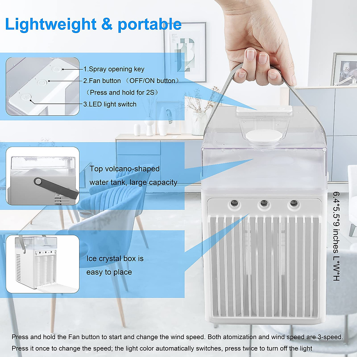 Portable Air Conditioner Fan Personal Air Conditioner Mini Evaporative Portable Personal Air Cooler with 3 Speeds USB-C Portable Evaporative Cooler with 7 Colors Light & 6 Ice Boxes for Bedroom Office
