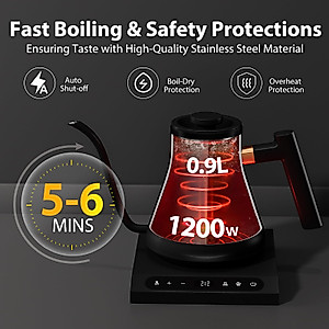 Gooseneck Kettle with Temperature Control, Aromaster Electric Coffee Tea Kettle,Stainless Steel,2H Keep Warm,1200 Watt Quick Heating Electric Tea Pot for Family,Auto Shut-Off,0.9L Black