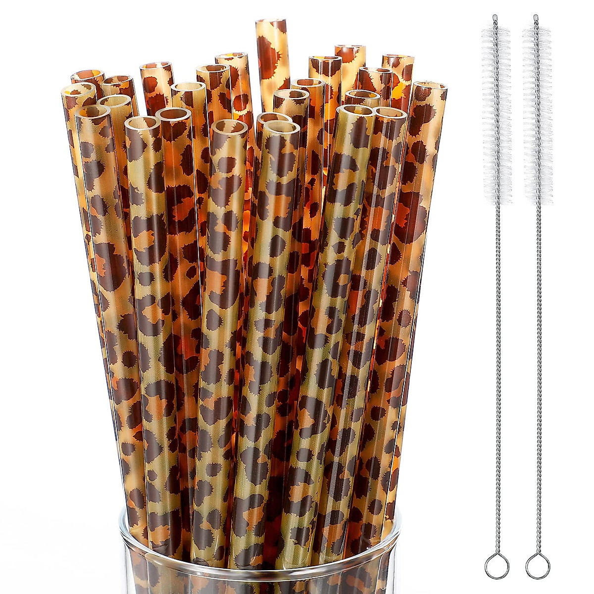 Leopard Print Plastic Straws Drinking Printed Animal Straws Safari Themed Plastic Straws and Cleaning Brush for Drinking Birthday Animal Birthday Party Favors Supplies (Classic Style, 27)