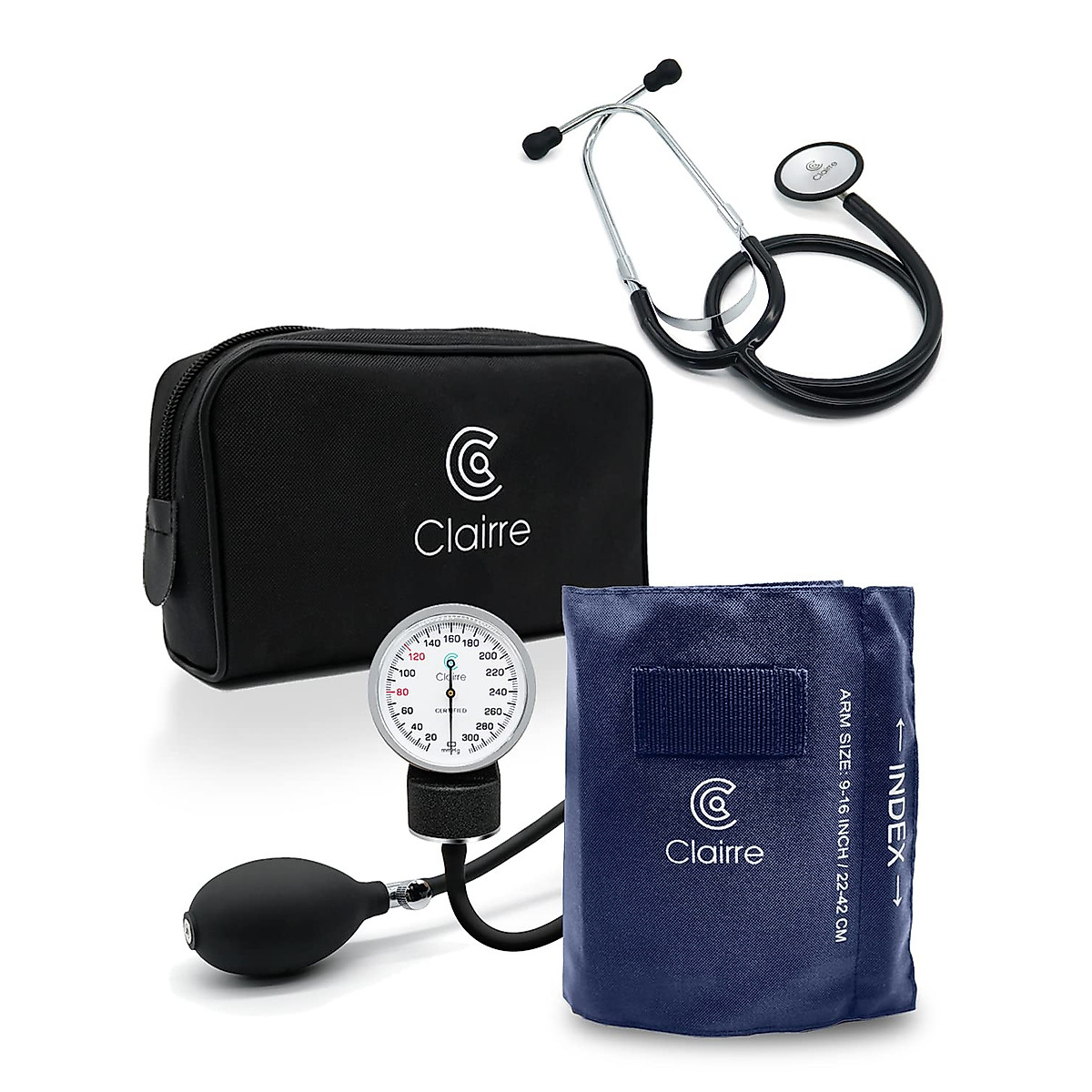 Clairre Professional Sphygmomanometer Manual Blood Pressure Cuff and Stethoscope Kit for Nurses/Doctors/Nursing Students, Carrying Case Included, Universal Cuff Size: 9-16 inch (Navy Blue)