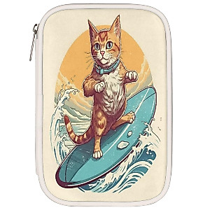 GzLeyigou Surfing Cat Pencil Case Pen Bag Pouch Holder Stationery Organizer Pencil Bag Cat Pencil Pouch Storage Box with Compartments PU Leather Makeup Brush Bag for Women Men College