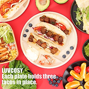 LUVCOSY 40 Pcs Large Disposable Taco Plates for Party, Cornstarch Taco Holder Plates with 2 Dipping Areas, Hold for 3 Tacos, Round Paper Taco Trays for Taco Night & Taco Tuesday, Microwave Safe