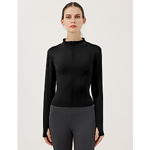 Locachy Women's Lightweight Stretchy Workout Full Zip Running Track Jacket with Thumb Holes Black S
