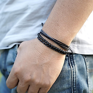 Handmade Natural Stone Beaded Healing Bracelet Gift for Men Adjustable Rope String Bracelet (Lava Rock, Adjustable)