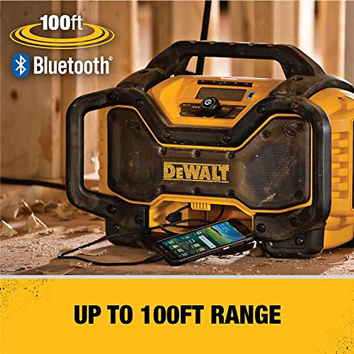 DEWALT 20V MAX Bluetooth Radio, 100 ft Range, Battery and AC Power Cord Included, Portable for Jobsites (DCR025)
