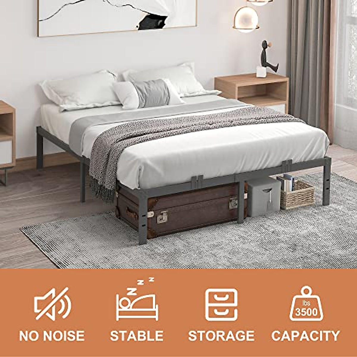 Umyder Queen Size Bed Frame with Steel Slats Support,Sturdy and Durable No Box Spring Needed 14 Inch High Metal Iron Platform Bedframes Black Heavy Duty 3500lbs,Noise Free,Easy Assembly