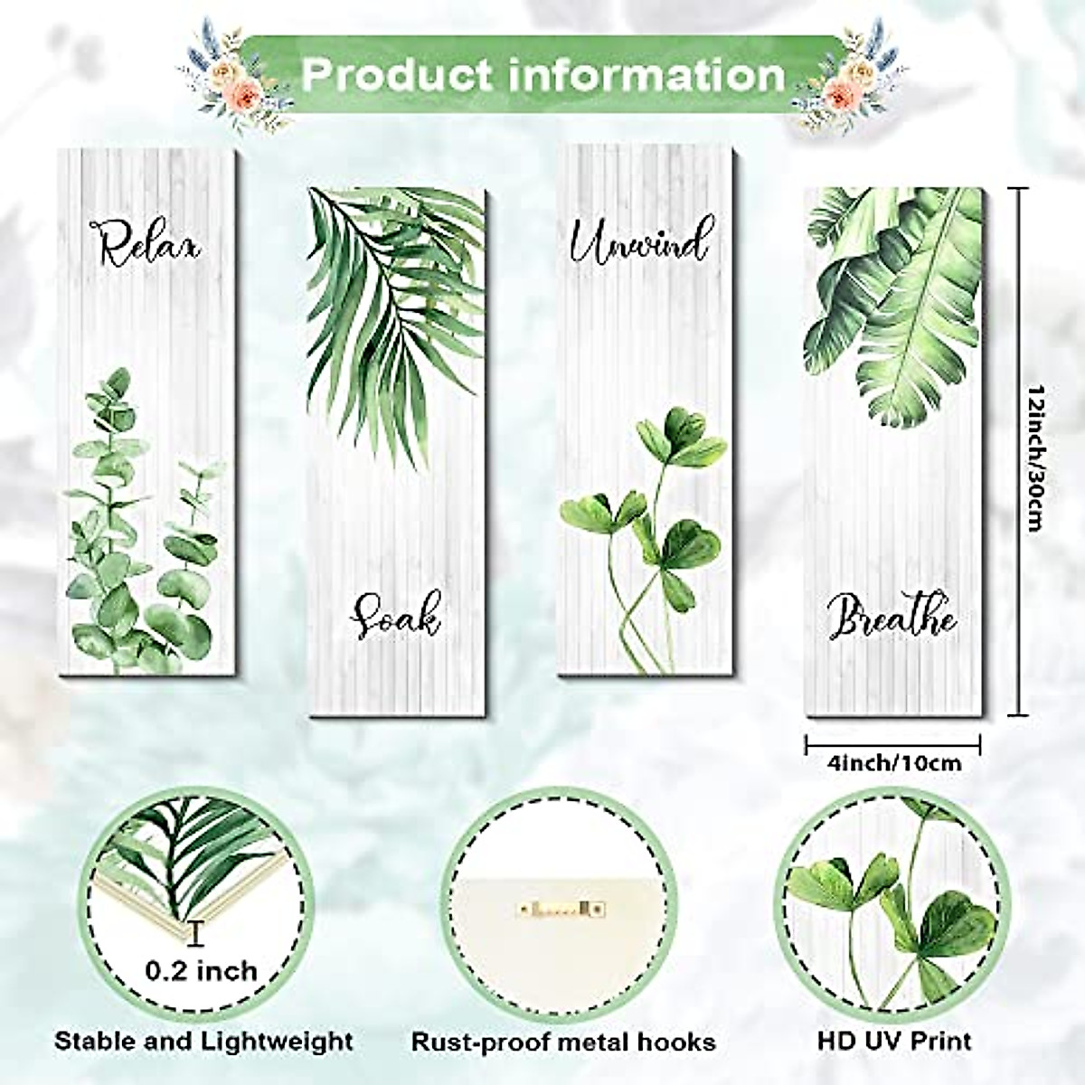 Creoate Bathroom Wall Decor 4 Pieces Relax Soak Unwind Breathe Sign Green Wall Decor with Botanical Leaf Art Print Set, Wood Plaque Hanging Decor for Bathroom Decor, Small 4 x 12 Inch x4pcs