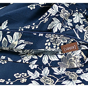 Eastern Floral Chinoiserie Blossom Print Duvet Quilt Cover Navy Blue Tan White Asian Style Botanical Tree Branches Ornamental Drawing 400TC Egyptian Cotton 3pc Bedding Set (King)