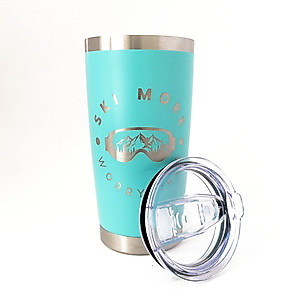Ski More Worry Less 20oz Coffee Tumbler (Teal), Skiing Gifts for Women, To Go Travel Coffee Mug, Snow Ski Accessories Fun