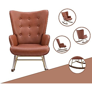 CIMOTA Leather Rocking Chair Nursery, Modern Armchair Tufted Wingback Comfy Rocker Chair with Thick Padded Seat for Nursery/Bedroom/Living Room, Faux Leather Retro Brown