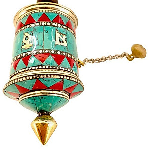 QT S Buddhist Copper & Stone Set Hand-Held Prayer Wheel - Hand carved 9 Inch with Authentic Wooden Handle Made in Buddha Born Country, Nepal
