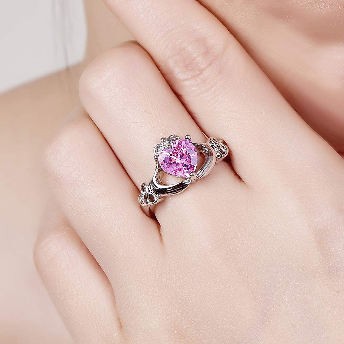 Emsione 925 Sterling Silver Plated Created Pink Topaz Heart Cut CZ Claddagh Celtic Ring Eternity Anniversary Wedding Engagement Band Ring Size 8