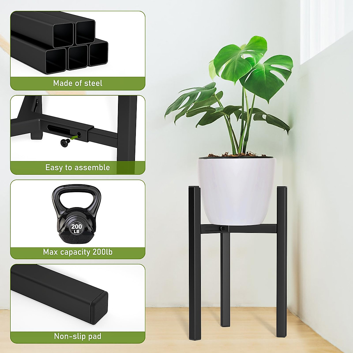 Blvornl Adjustable Plant Stand, Mid-Century Modern Metal Plant Stand 3 Legs Heavy Duty for 8"-12" Plant Pot, Flower Potted Plant Holder Display for Indoor and Outdoor(Black, Excluding Potted Plant)