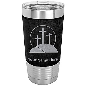 LaserGram 20oz Vacuum Insulated Tumbler Mug, Calvary Cross, Personalized Engraving Included (Faux Leather, Black)