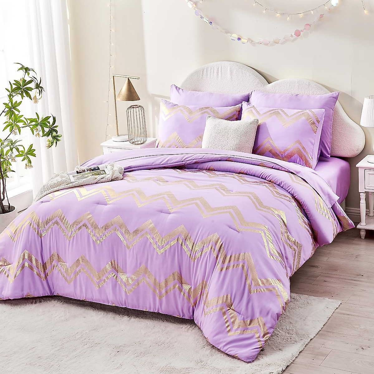 Wowelife 6 Piece Purple Twin/Twin XL Comforter Set for Girls Twin Bedding Sets Lavender Bedding Bed in A Bag Twin Bed Sets with Comforter, Flat Sheet, Fitted Sheet, 1 Pillowcase and 2 Pillow Shams