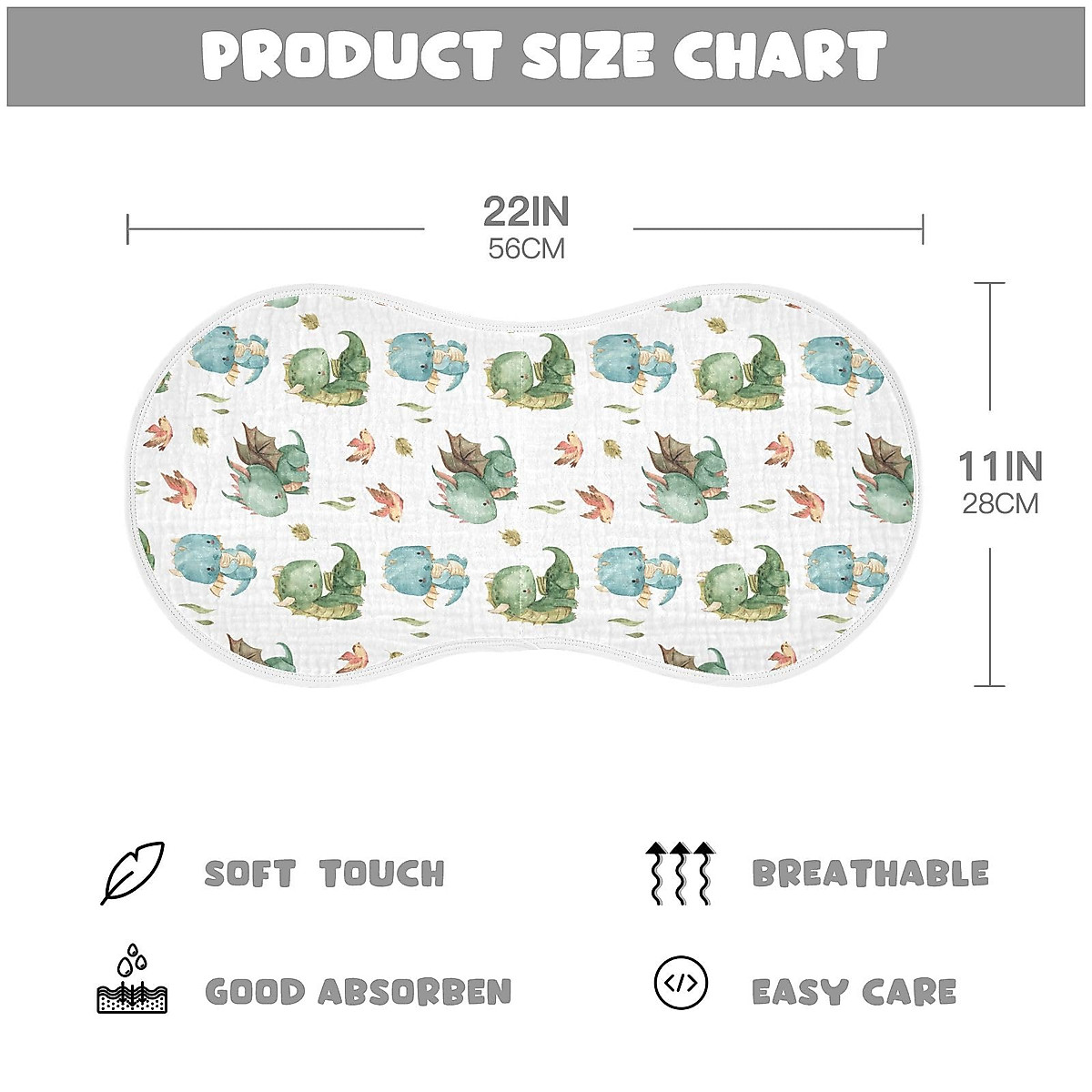 Burbuja Cute Dragon Muslin Baby Burp Cloths, Soft & Absorbent Cotton Burping Rags for Newborn Boys & Girls, 2 Pack