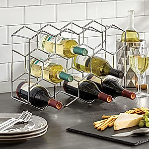 mDesign Metal Hexagon 3-Tier Wine Rack - Minimalist Bottle Holder for Kitchen Countertop, Pantry, or Refrigerator Space - Wine, Beer, Pop/Soda, Water Bottles, and Juice - Holds 11 Bottles - Chrome