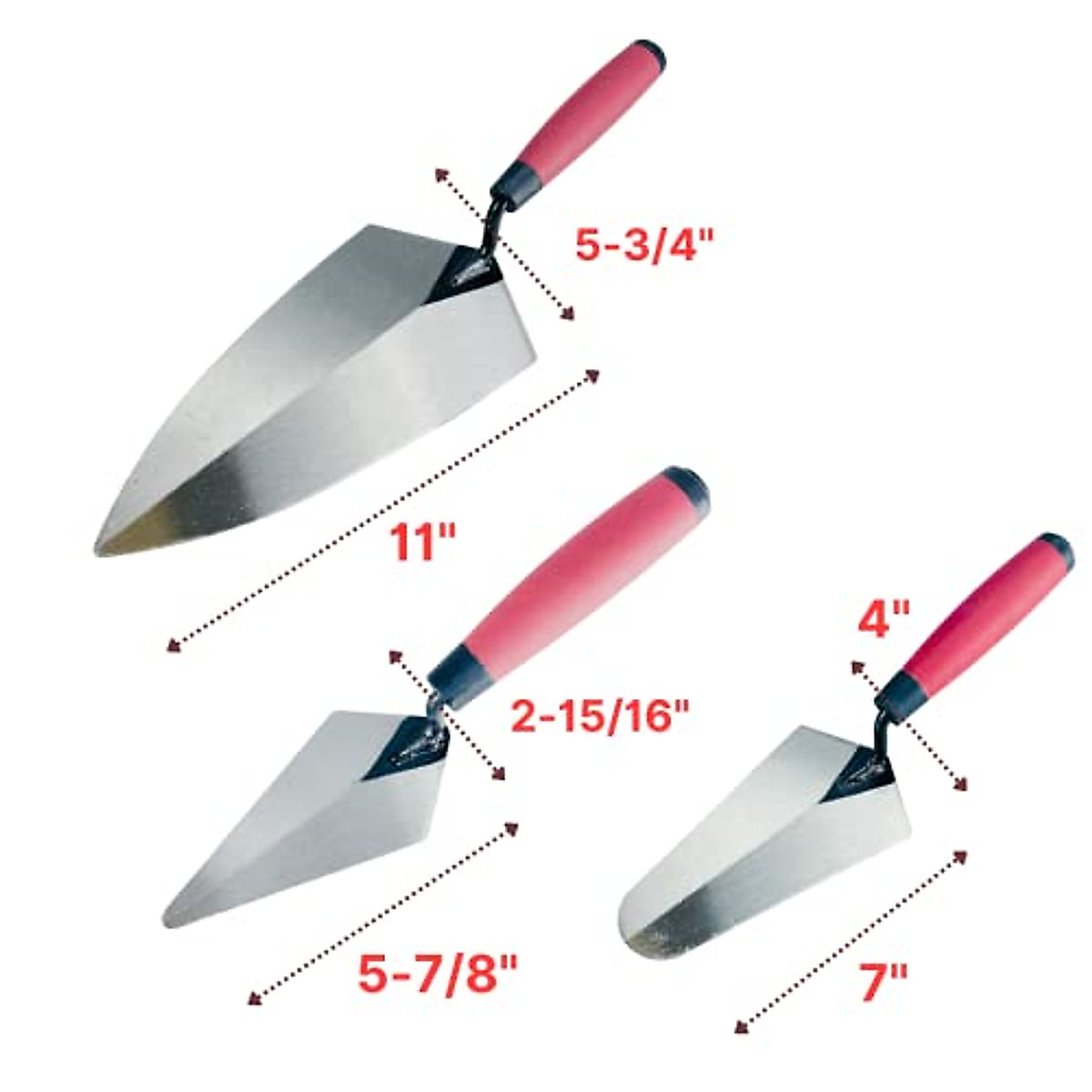 Wedge: 5 Piece Professional Masonry Trowel Set | Tempered Steel Blades | Contains 13" Brick Jointer, 6" Pointing Trowel, 7" Gauging Trowel, 11" Brick Trowel, 11" Plastering Trowel