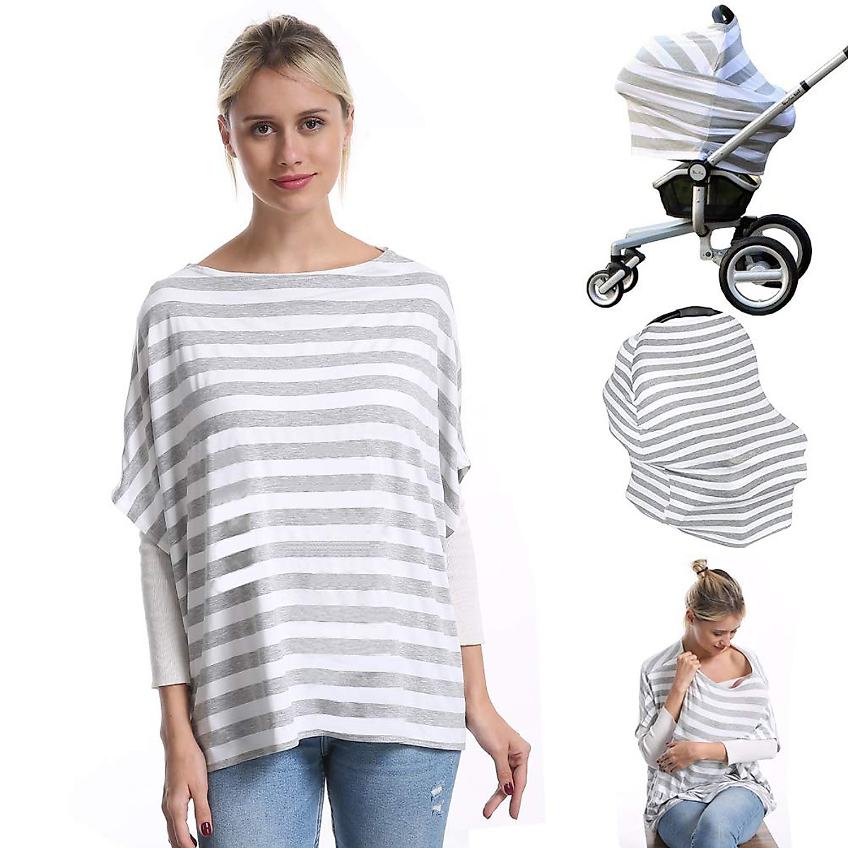 Nursing Breastfeeding Cover Car Seat Canopy for Infant Baby, Soft Bamboo Jersey, Extremely Stretchy, All-in-one Carseat Stroller Cover, Nursing Cover Up Poncho Tops Clothes, Nurse Gift Stripe