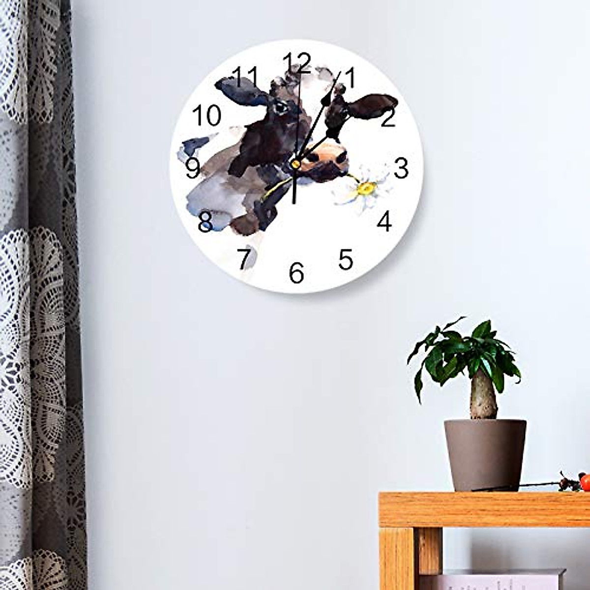 Wall Clock 12 Inch(30cm) Farm Animal Cow Flower Chrysanthemum Art Wall Clock Modern Creativity Home Decoration Mute Big Digital Wall Watch Easy to Read Gift Ideas Clock