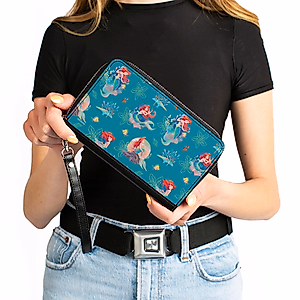 Buckle-Down Disney Wallet, Zip Around, The Little Mermaid Ariel with Flounder and Sebastian Blue, Vegan Leather