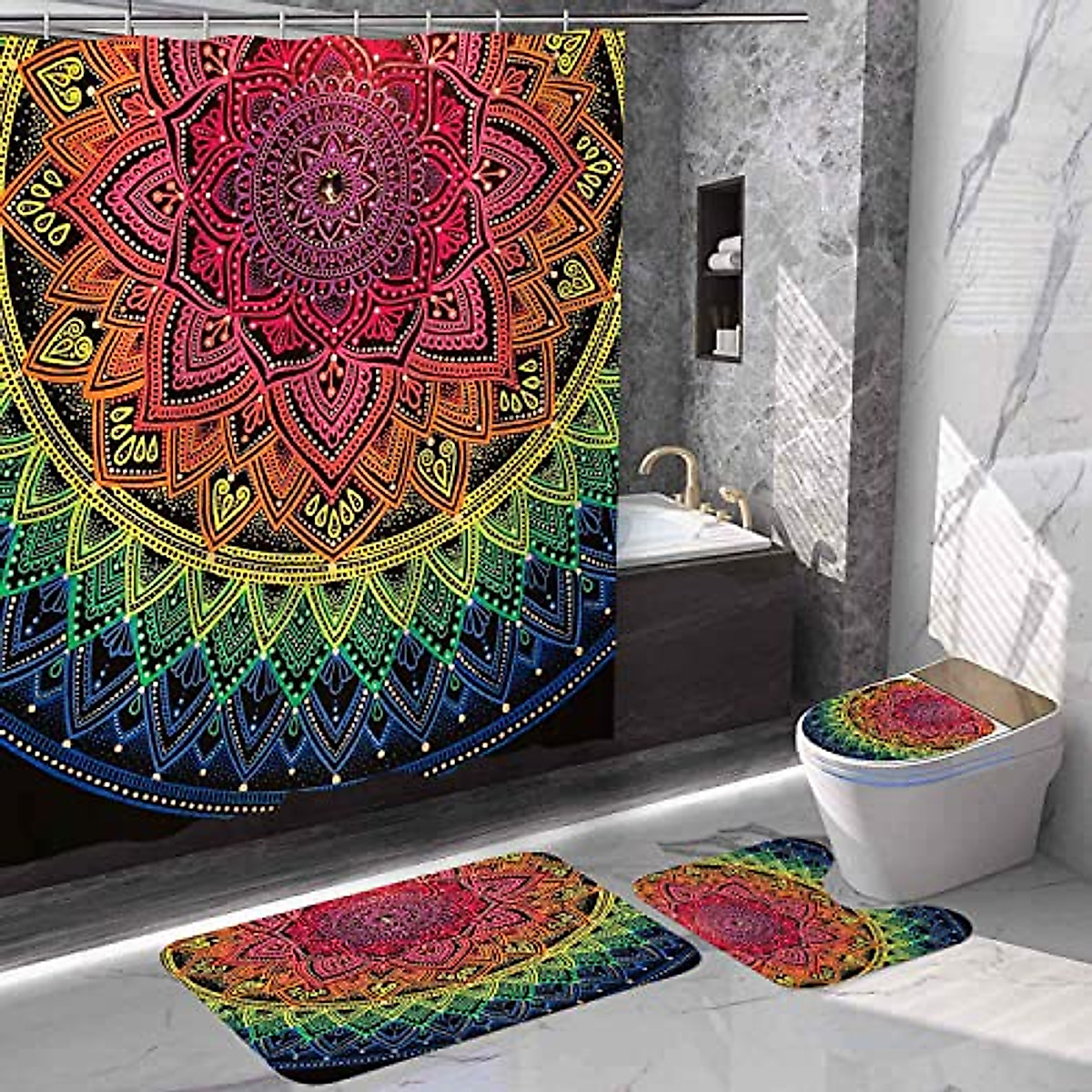 4 Pcs Mandala Flowers Shower Curtain Set, Ombre Colorful Floral Bathroom Sets with Shower Curtain and Rugs, 72" Shower Curtain and Bath Mat, Toilet Lid Cover and U Shaped Rug, 12 Hooks, SETLSSD260