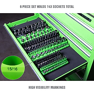 OEMTOOLS 22488 6 Pack Set Metric and SAE Magnetic Socket Tray Set, Black and Green Socket Organizers, 1/4, 3/8, 1/2 Inch Drive Socket Organizer Tray Set