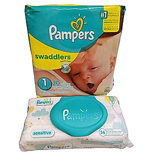 Pampers Swaddlers Diapers, Size 1, 20 Count - Pampers Sensitive Wipes Travel Pack 50 Count.