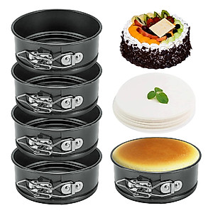 ZETEMC 4.5 Inch Mini Springform Pan, Set of 5 With 100pcs Wax Paper, Small Nonstick Cake Pan for Mini Cheesecakes, Pizzas and Quiches